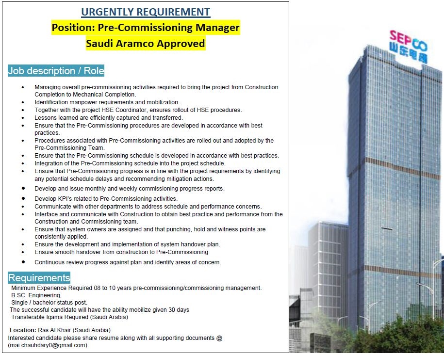Pre Commissioning Manager - SEPCO Arabia - SaudiGulf Jobs