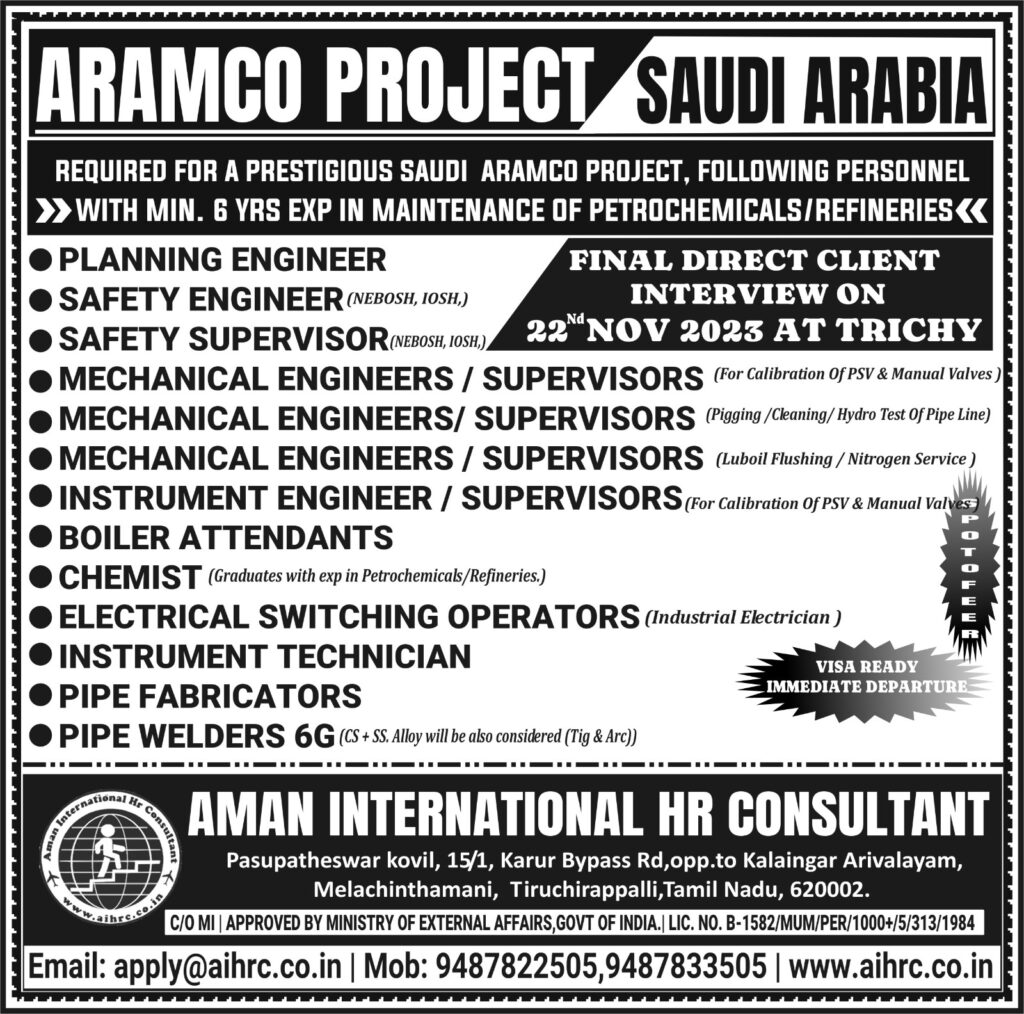 DIRECT CLIENT INTERVIEW - KSA @ TRICHY - Aramco Project - SaudiGulf Jobs